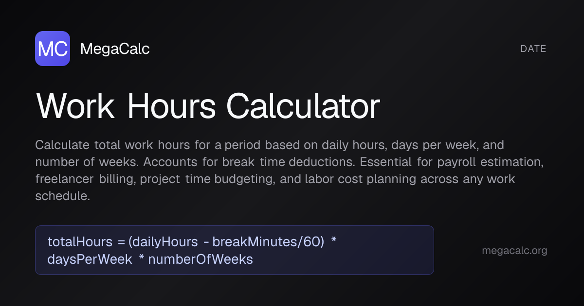 Work Hours Calculator — Free with Formula | MegaCalc